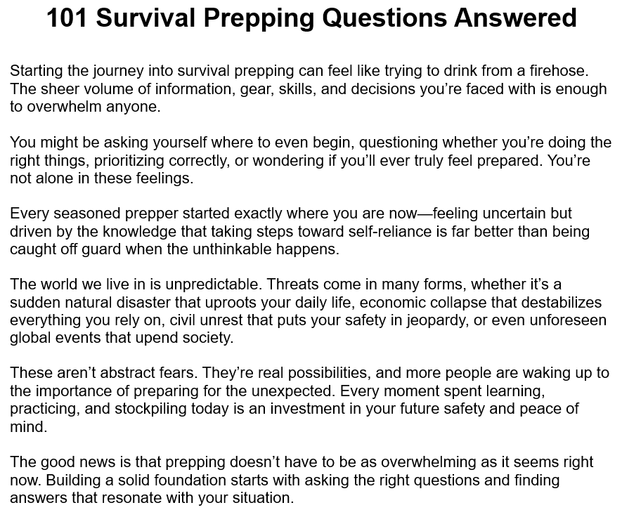 101 Survival Prepping Questions Answered – AI Assisted PLR – PLR Launch