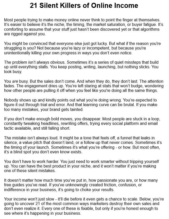 21 Silent Killers of Online Income – AI PLR – PLR Launch