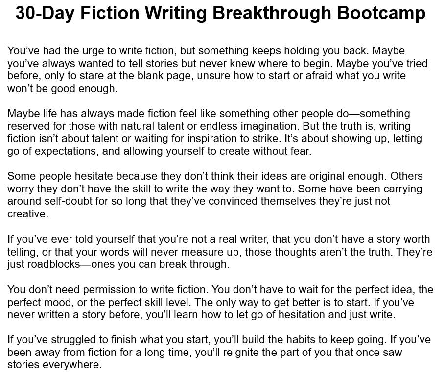 30-Day Fiction Writing Breakthrough Bootcamp – AI Assisted PLR – PLR Launch