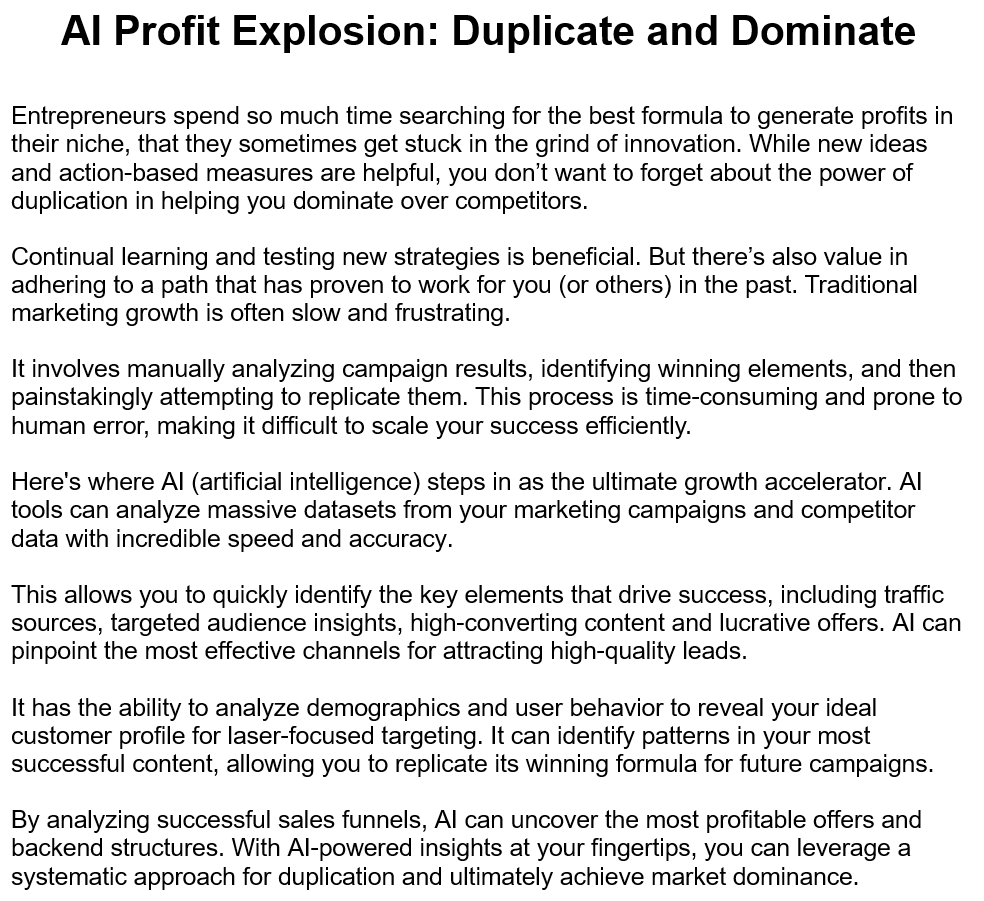 AI Profit Explosion: Duplicate and Dominate – AI Assisted PLR – PLR Launch