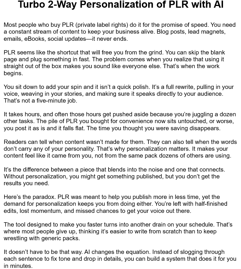 Turbo 2-Way Personalization of PLR with AI – AI PLR – PLR Launch