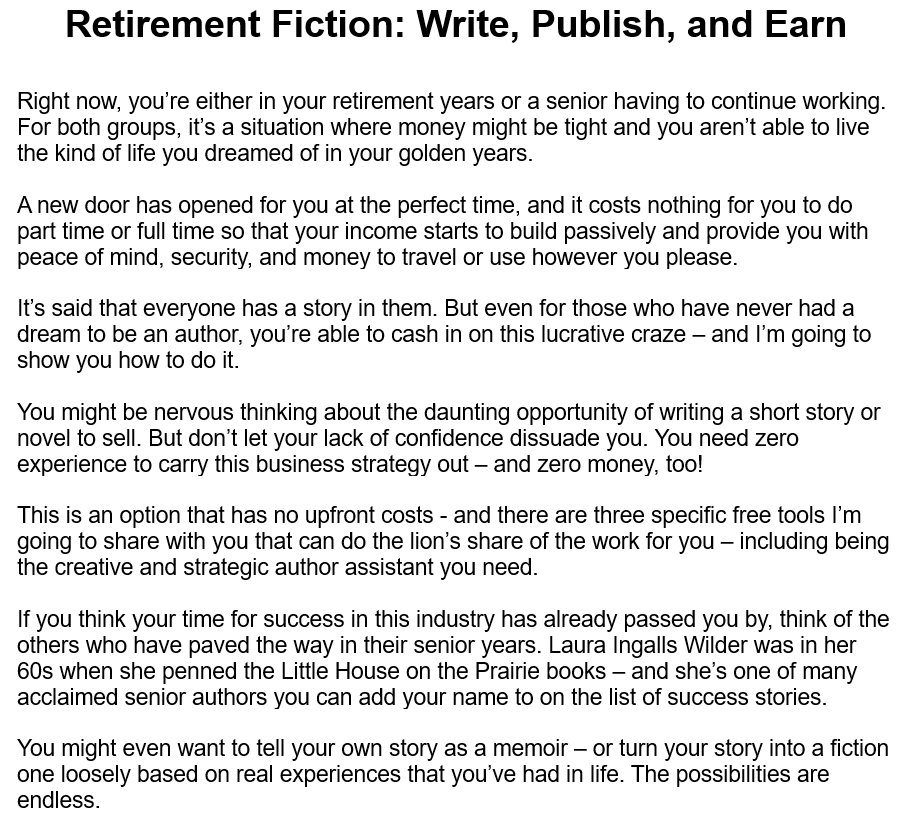 Retirement Fiction: Write, Publish, and Earn – 48 Hour Limited PLR ...