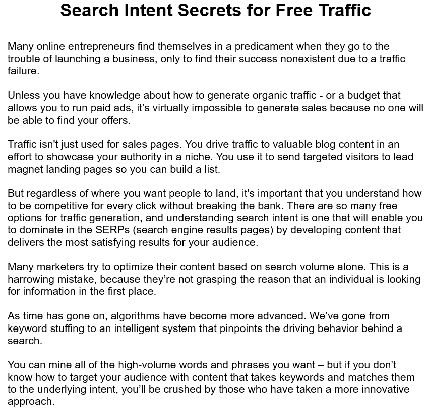 Search Intent Secrets for Free Traffic – 48 Hour Limited PLR – PLR Launch