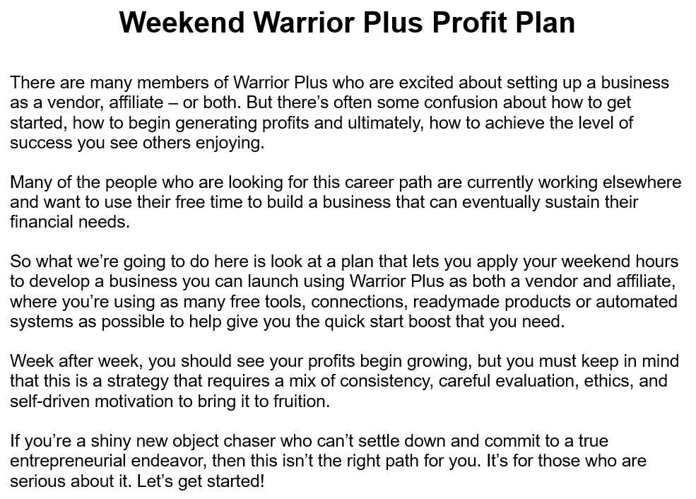 Weekend Warrior Plus Profit Plan PLR – PLR Launch