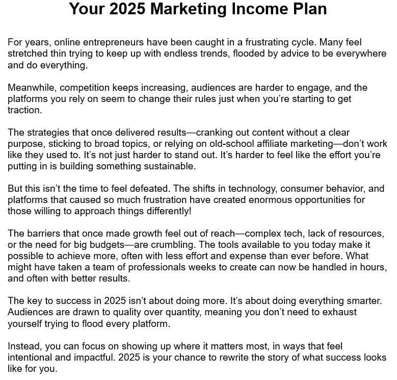 Your 2025 Marketing Income Plan – AI Assisted PLR – PLR Launch